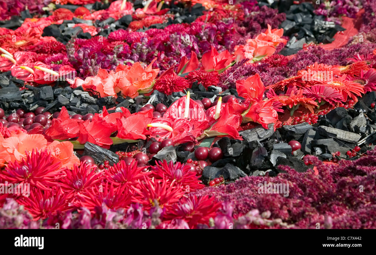 Nice swirl is made from red flowers with green plants around Stock ...