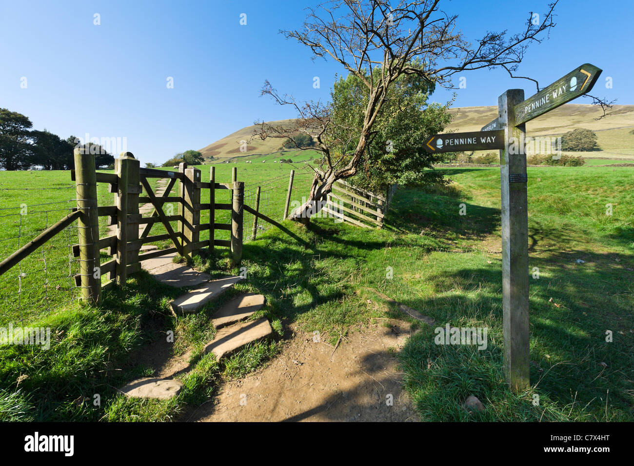 Pennine Way. Signpost for The Pennine Way near its start in Edale, Peak ...