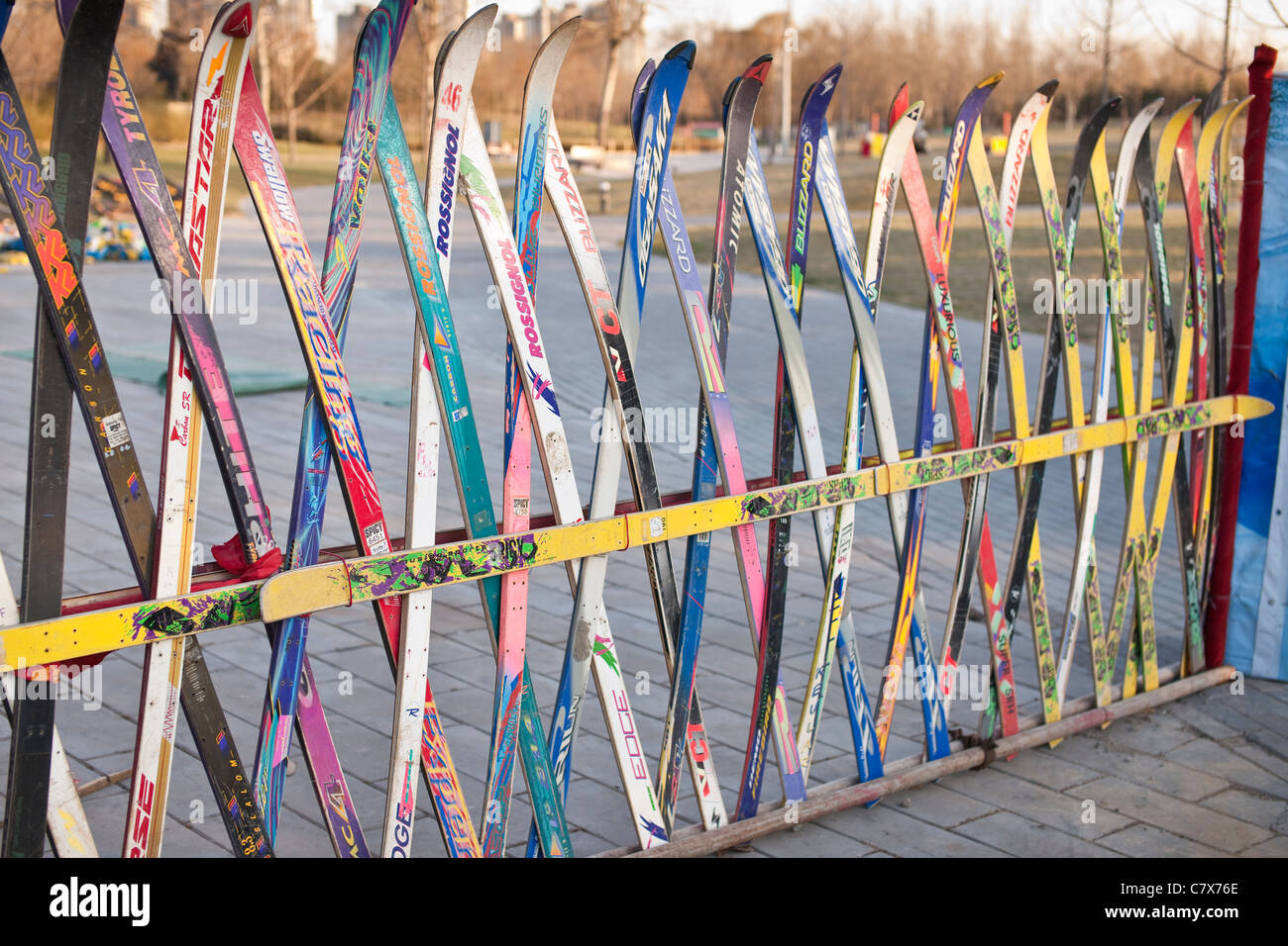 Barrier made from old snow skis,Chaoyang park, Beijing Stock Photo - Alamy
