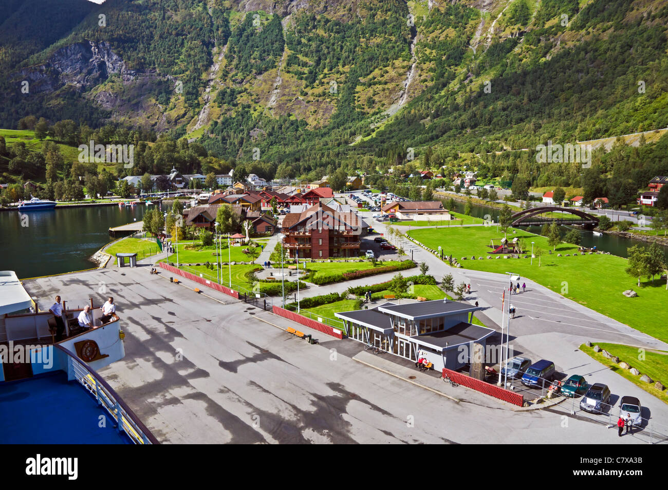 View of Flaam pier from cruise ship with Flåmsbrygga Hotel in the ...