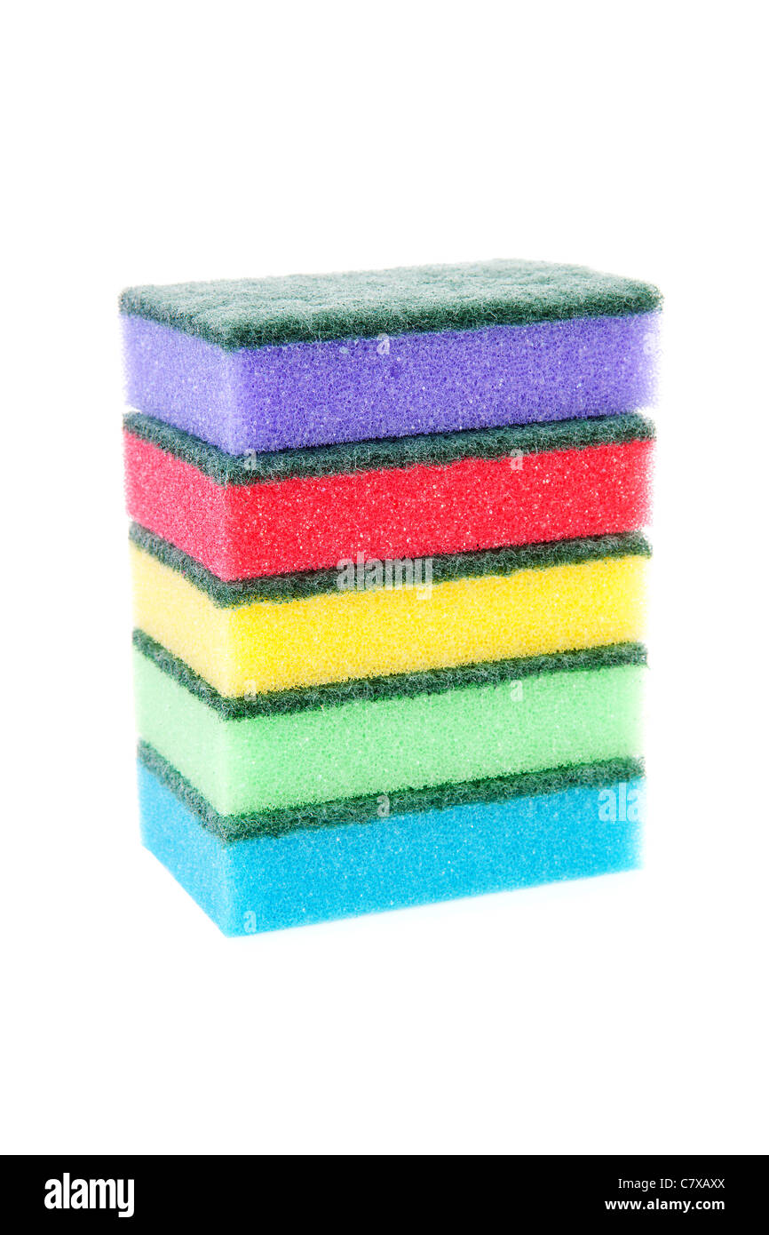 Pile of colorful sponge scourer over white background Stock Photo - Alamy