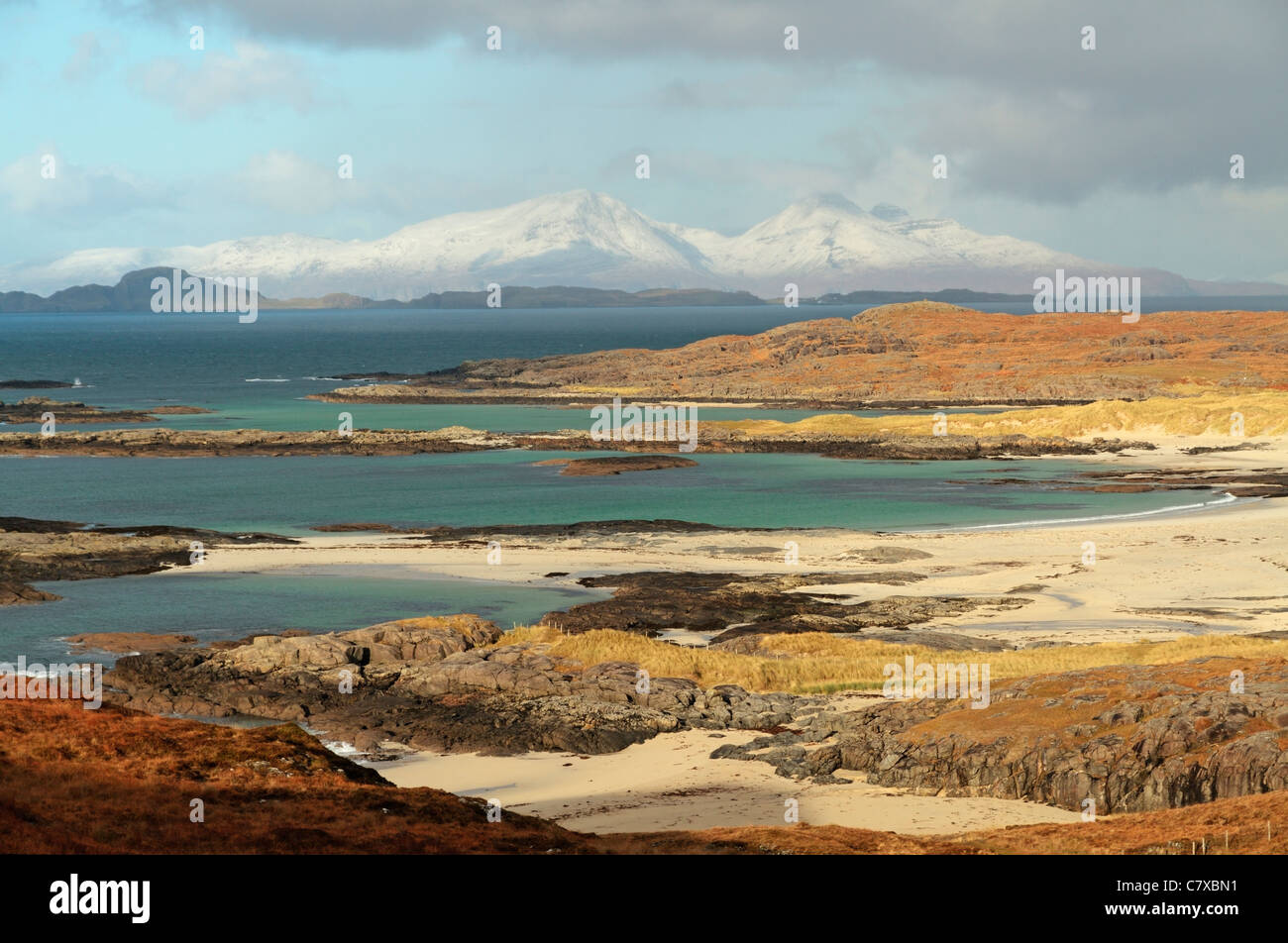 Sanna Bay, Isle of Muck and snow covered Isle of Rum in distance, View ...