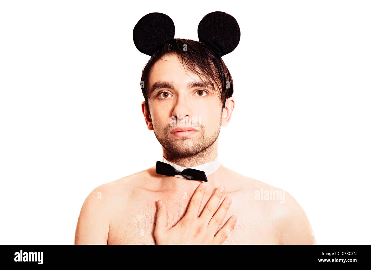 man with a sham mouse ears isolated on white background Stock Photo - Alamy