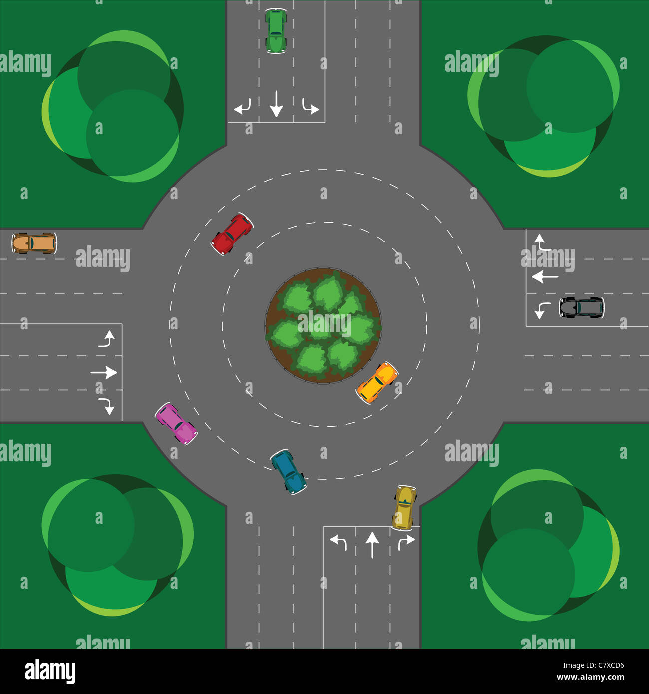 round intersection, cars and trees; abstract vector art illustration ...