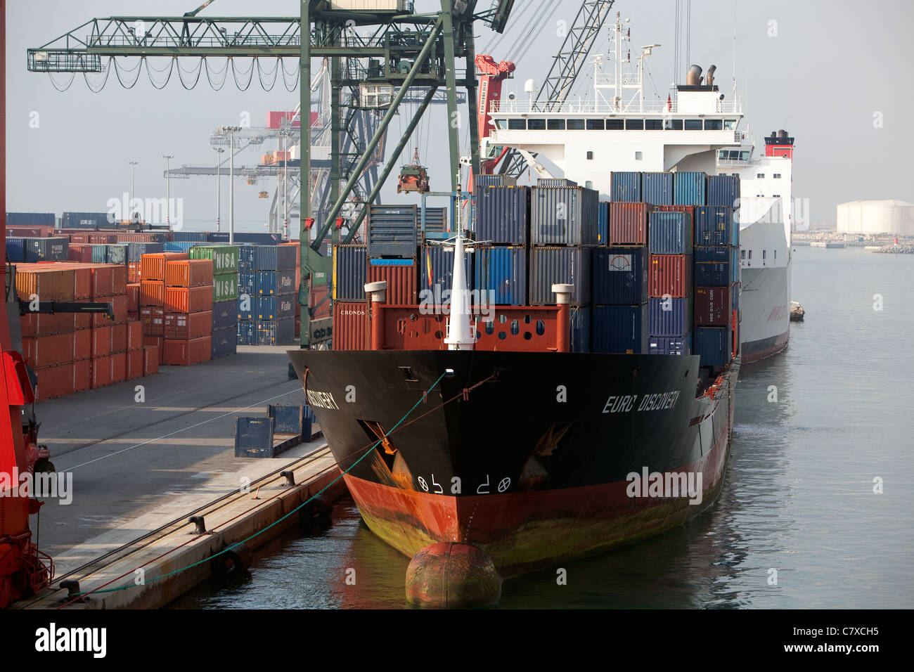 Container ship "Euro Discovery" being loading at Port of Barcelona ...