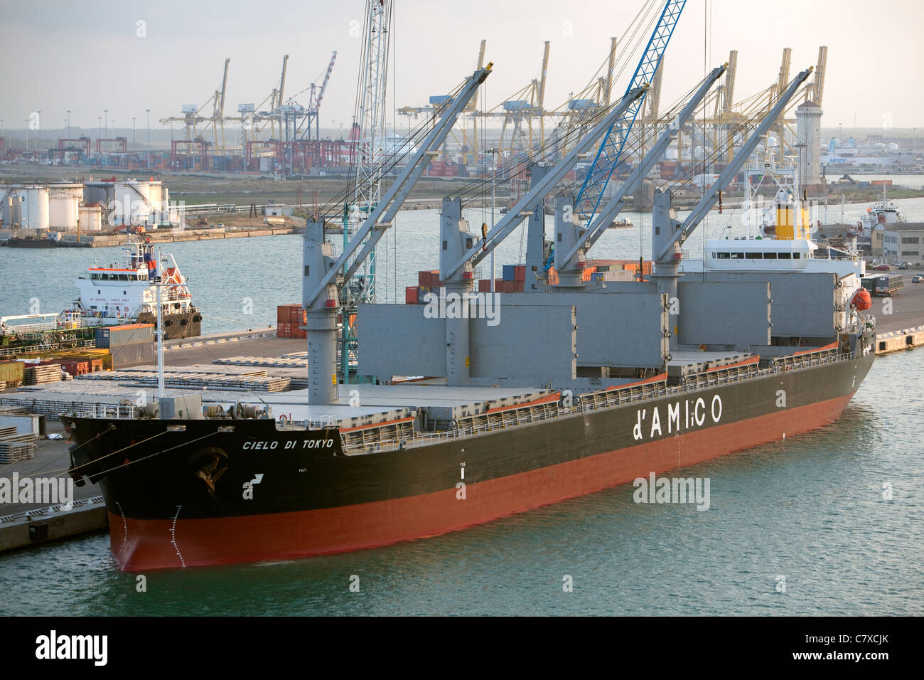 Bulk carrier cargo ship discharging cargo at the Port of Livorno Italy ...