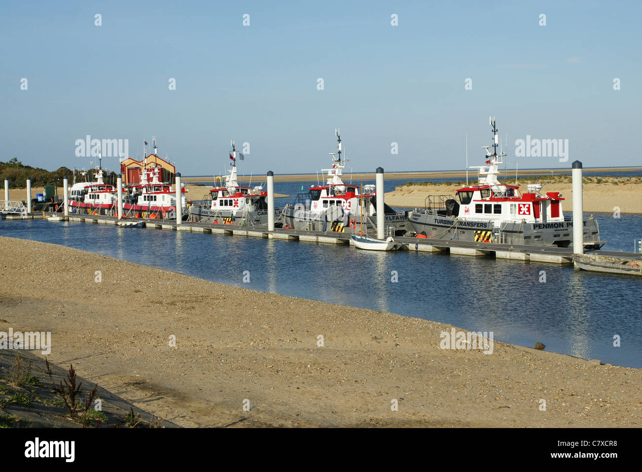 Sheringham Shoal Wind Farm boats at Wells-Next-The-Sea, Norfolk Stock ...