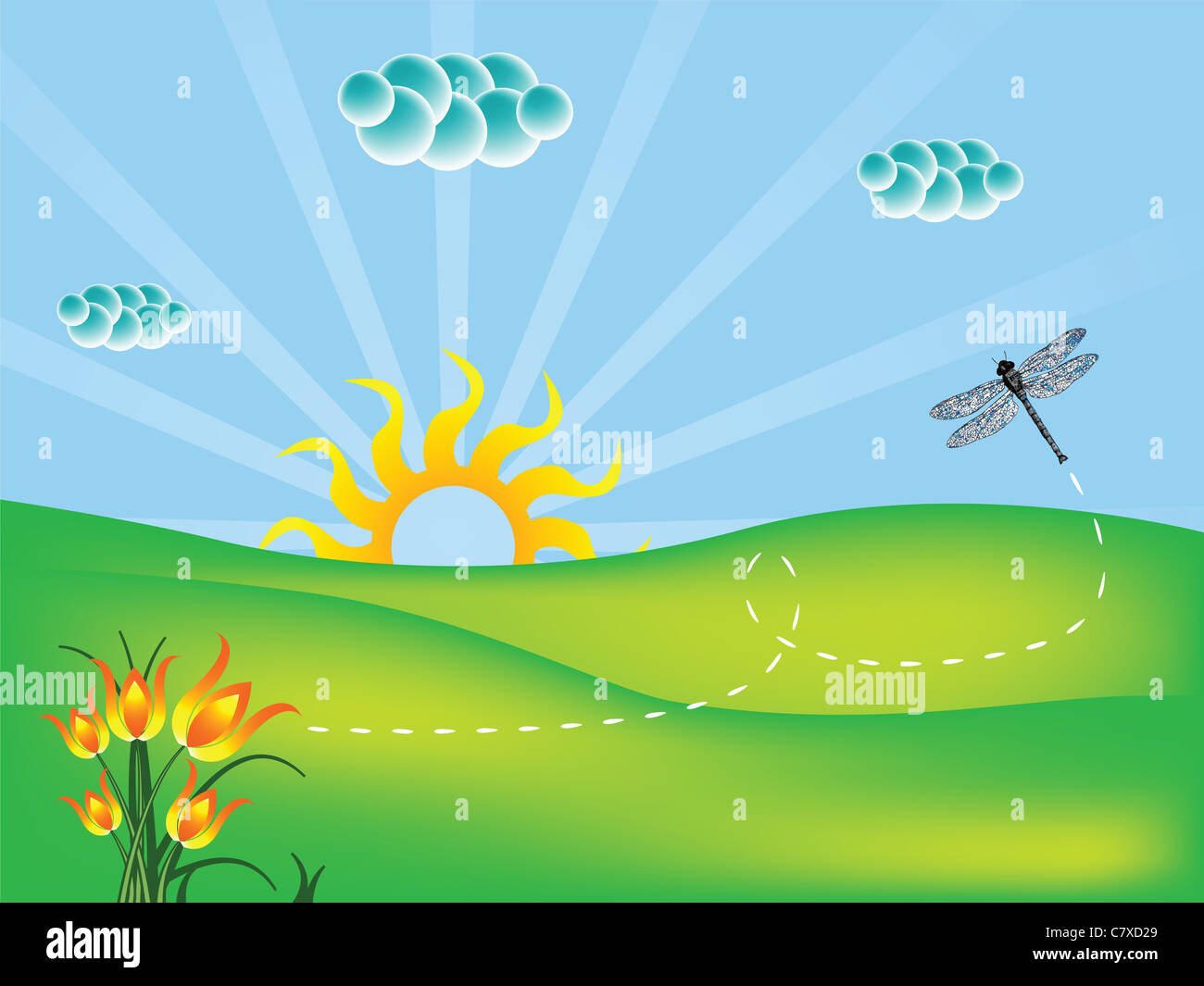 nature landscape with flowers and dragonfly, abstract vector art ...