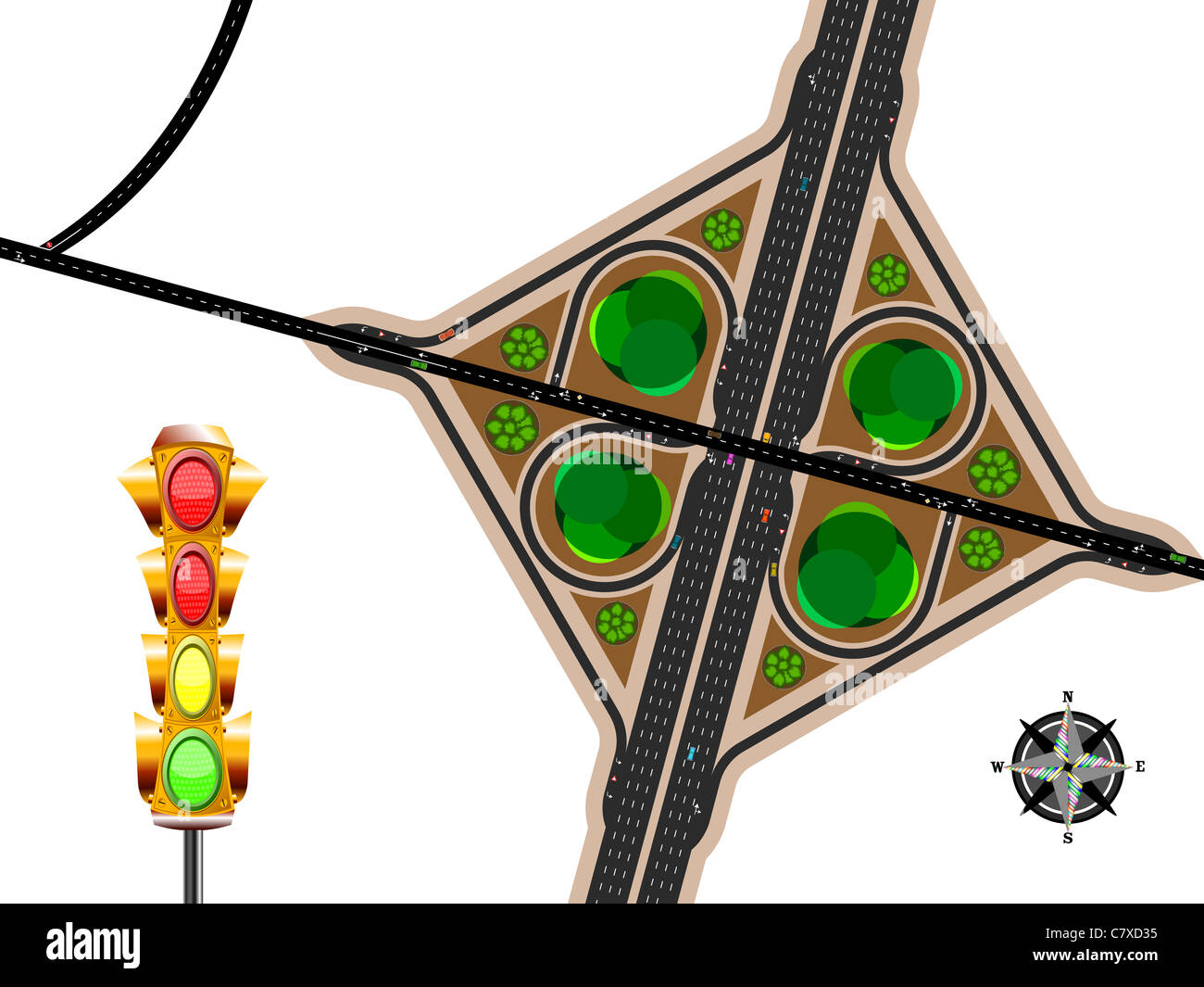 highway exit, aerial view with traffic lights and wind rose; abstract ...