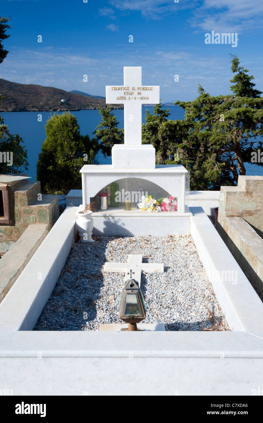 Grave in a Greek cemetery situated next to the Aegean Sea, on Greek ...