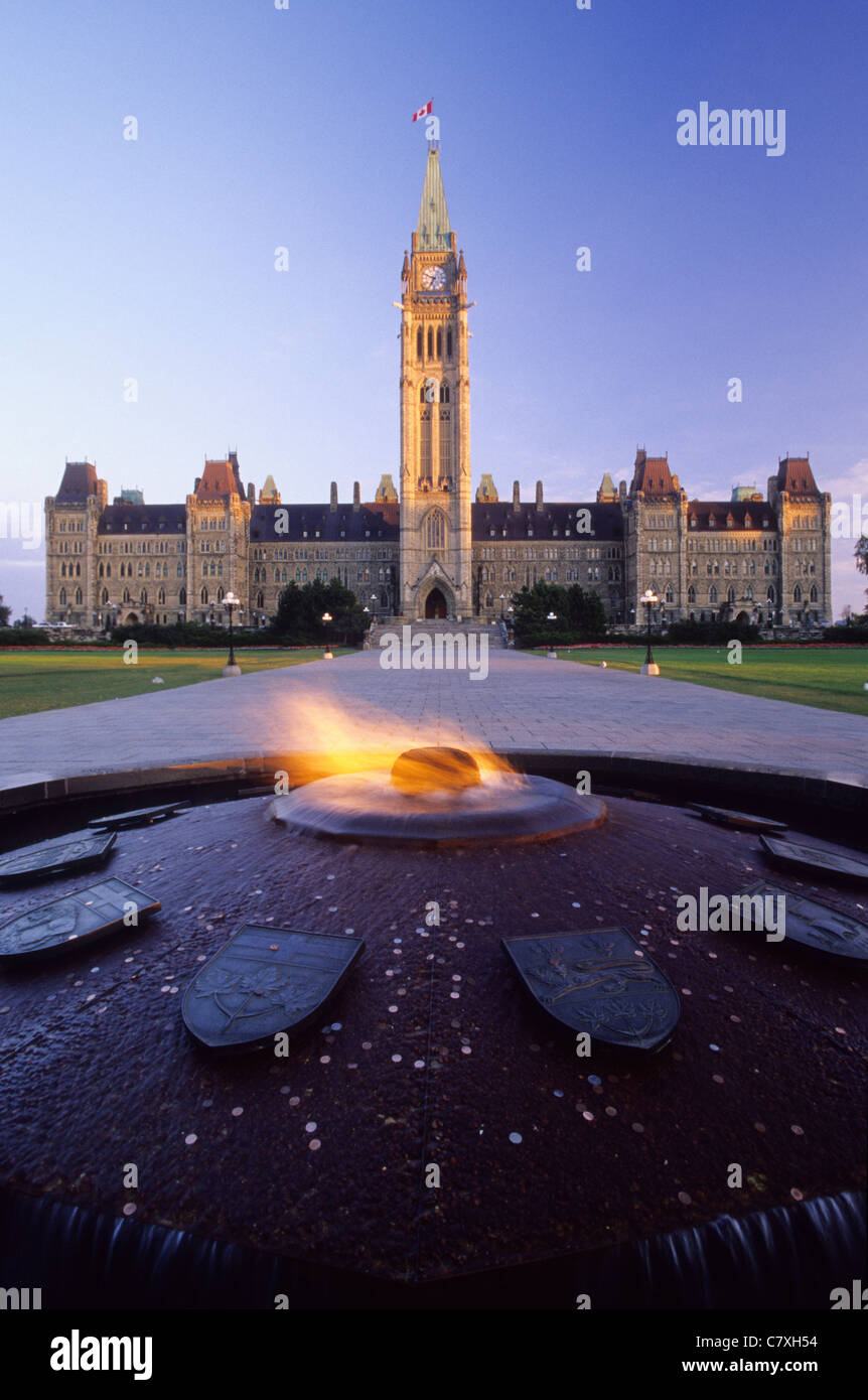 Centennial Flame and Parliament Hill at dawn, Ottawa, Ontario, Canada ...