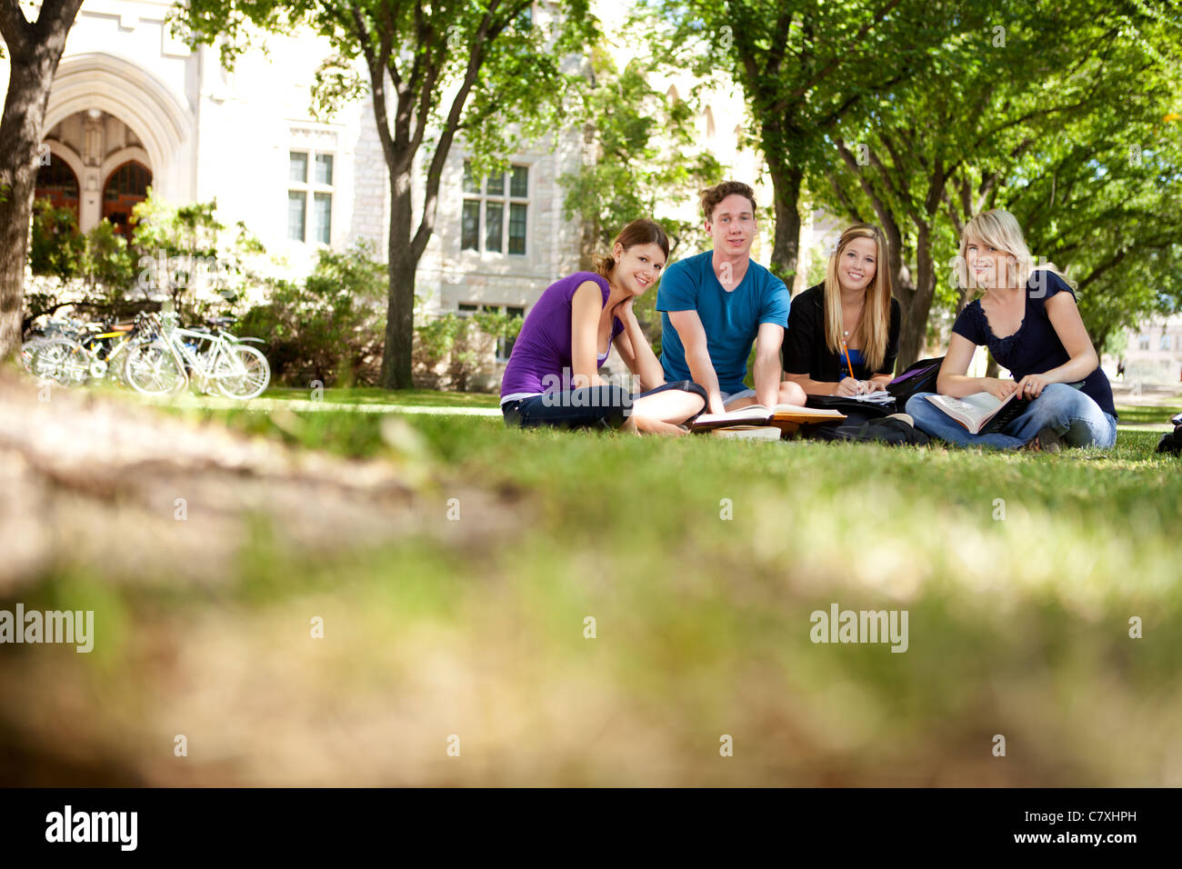 Group study session with four students Stock Photo - Alamy
