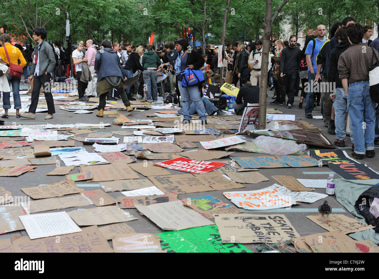 Protest signs in Zuccotti Park, which is in Lower Manhattan ...