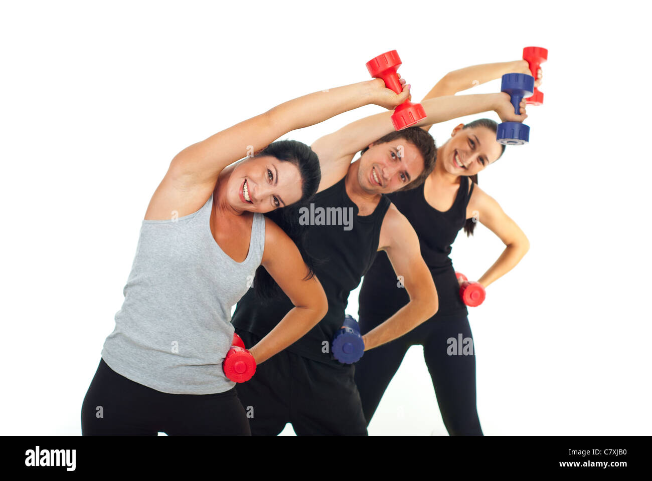 Happy team of three people workout with dumbbell and stretching Stock ...