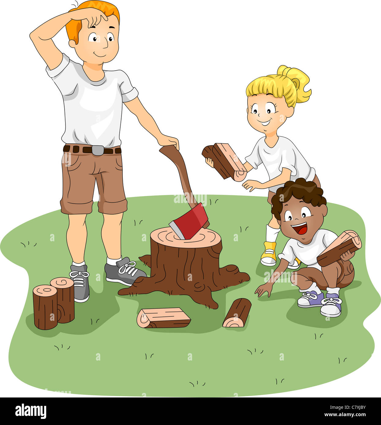 Illustration of Kids Gathering Firewood Stock Photo - Alamy