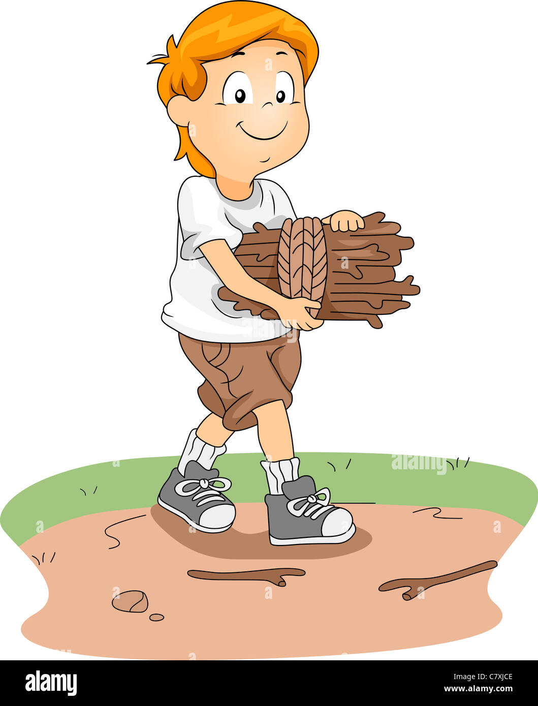 Illustration of a Kid Gathering Firewood Stock Photo - Alamy