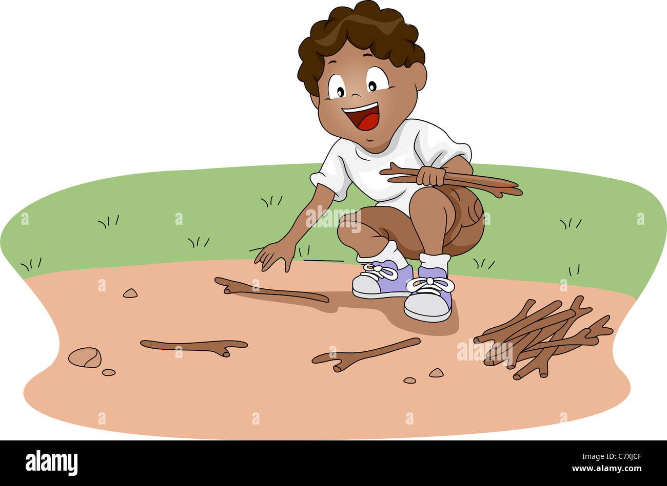 Illustration of a Kid Gathering Firewood Stock Photo - Alamy