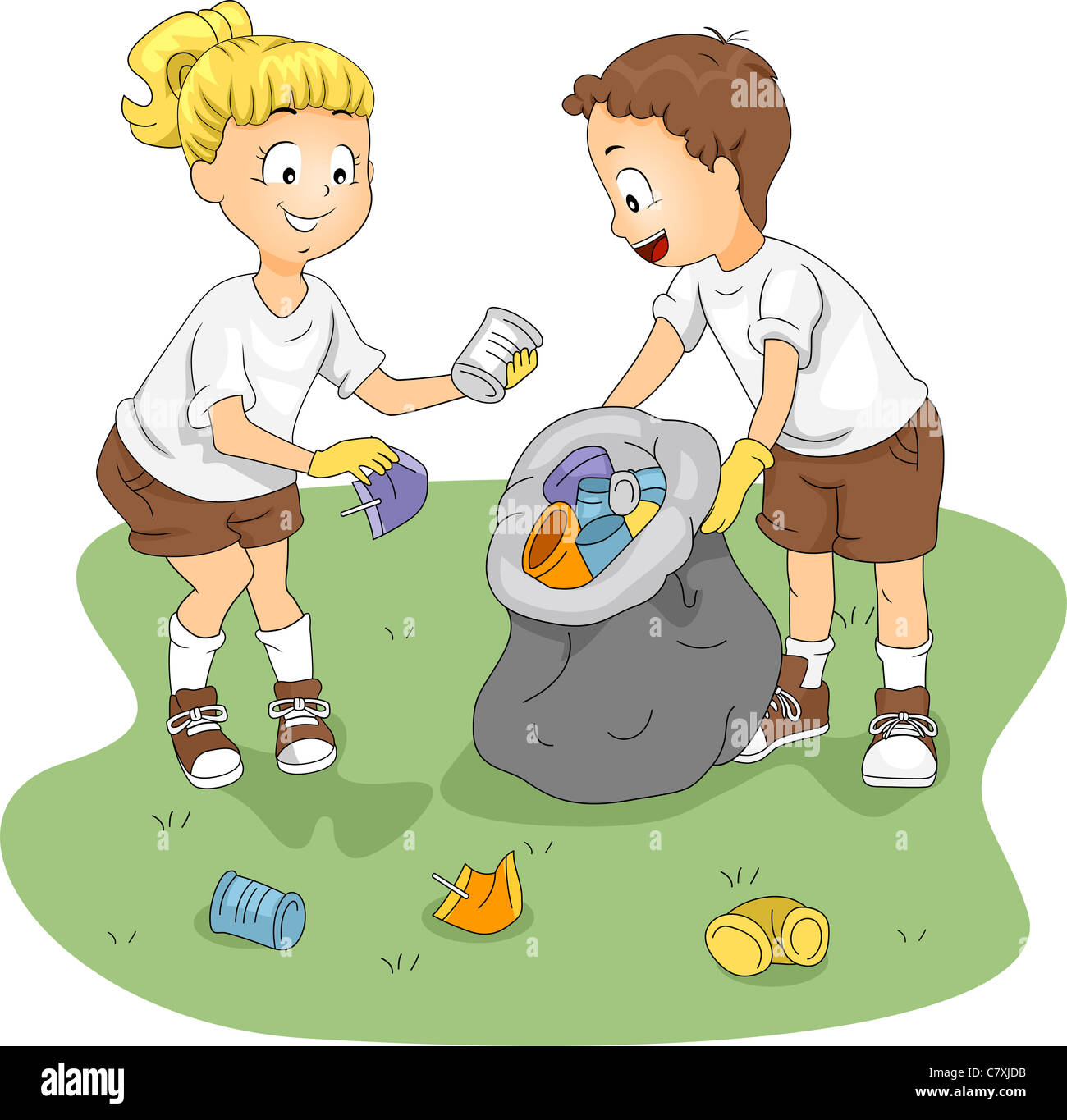 Illustration of Kids Cleaning up a Camp Stock Photo - Alamy