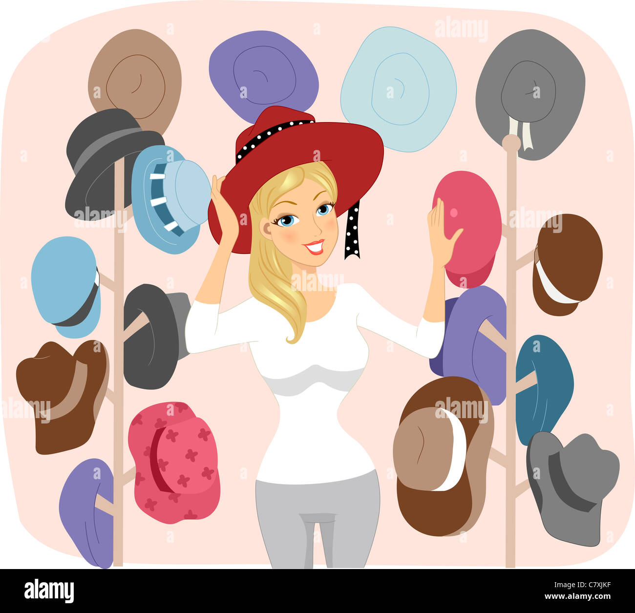 Illustration of a Woman in a Hat Shop Stock Photo - Alamy