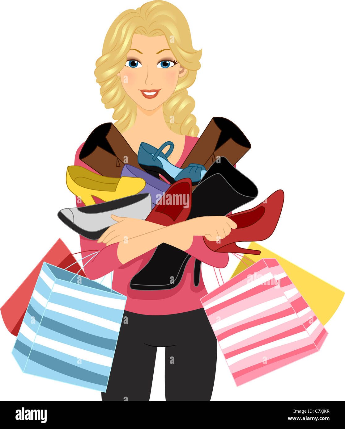 Illustration of a Girl Carrying a Pile of Shoes Stock Photo - Alamy