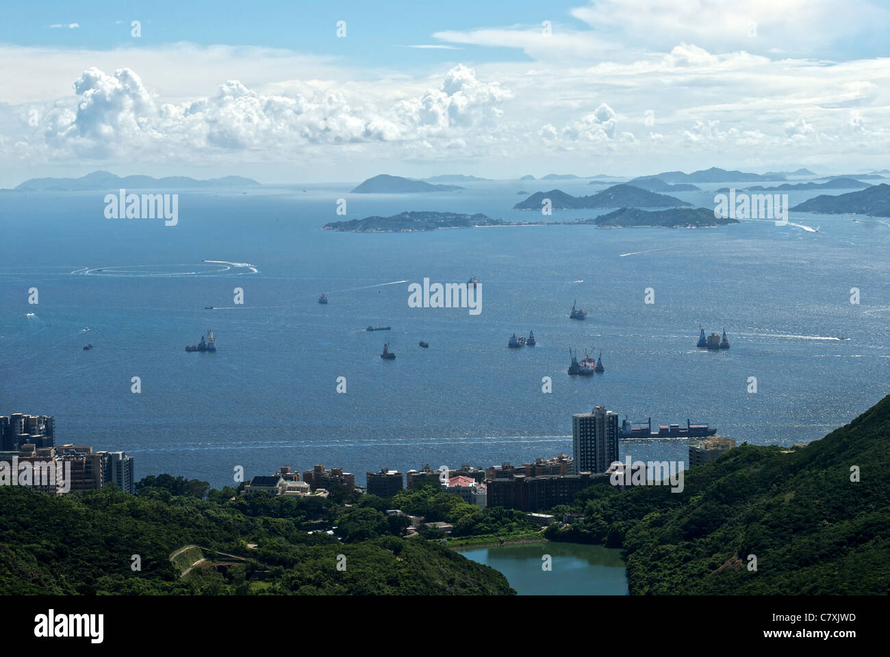 A view above Pok Fu Lam country park and Pok Fu Lam reservoir with the ...
