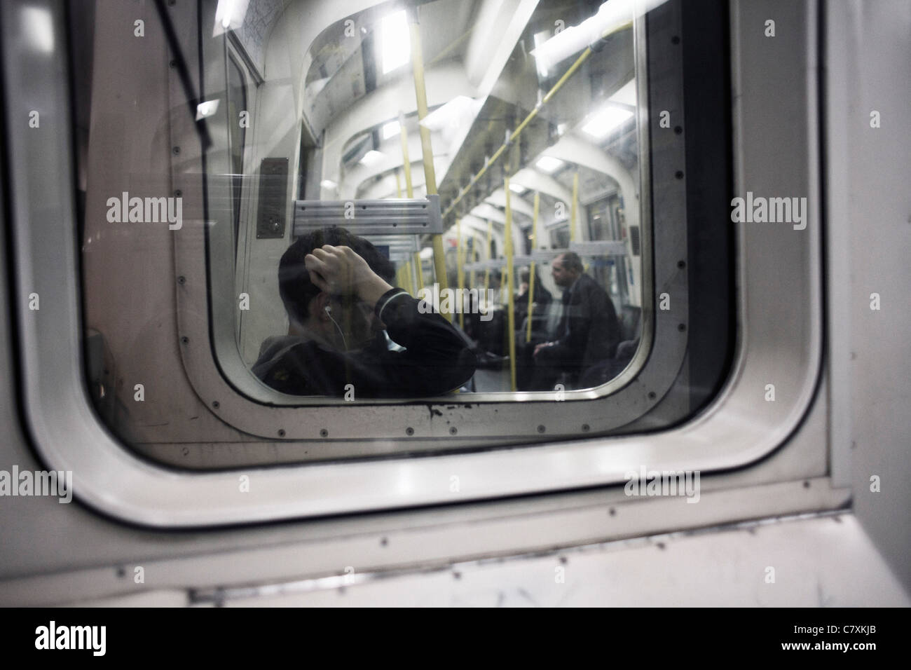 Old style Circle Line tube train interior off peak looking through ...