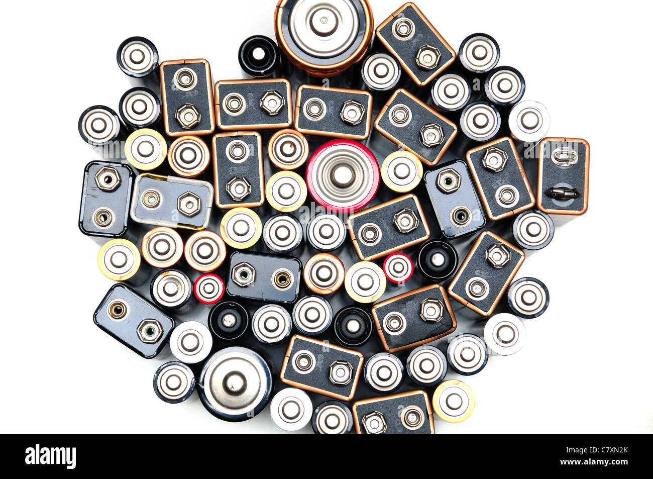Group of various sized batteries on white background Stock Photo - Alamy