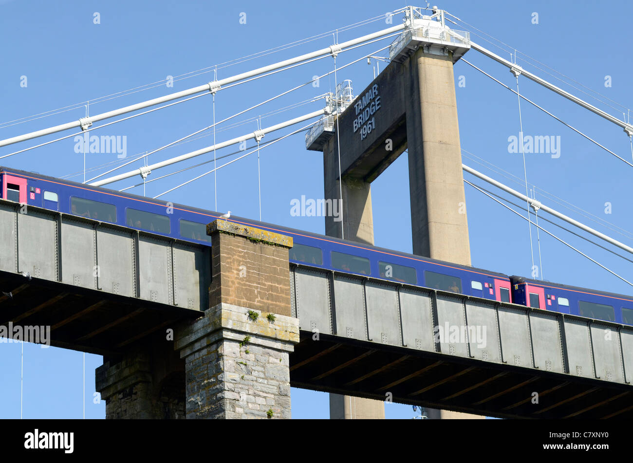 First Great Western train carriage on Tamar rail bridge Saltash ...