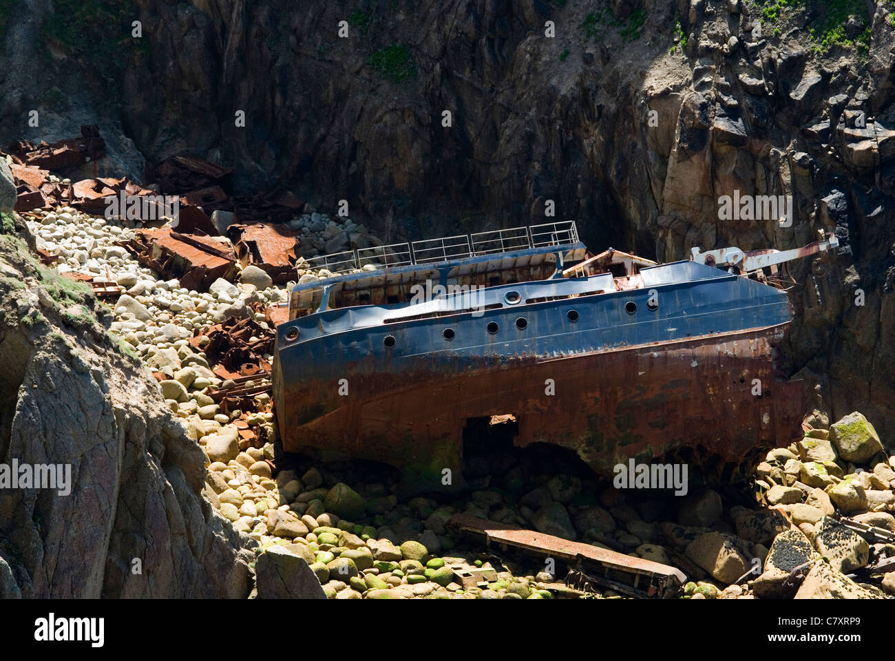 Ship wreck of the RMS Mulheim in Sennen Cove, Cornwall, UK Stock Photo ...