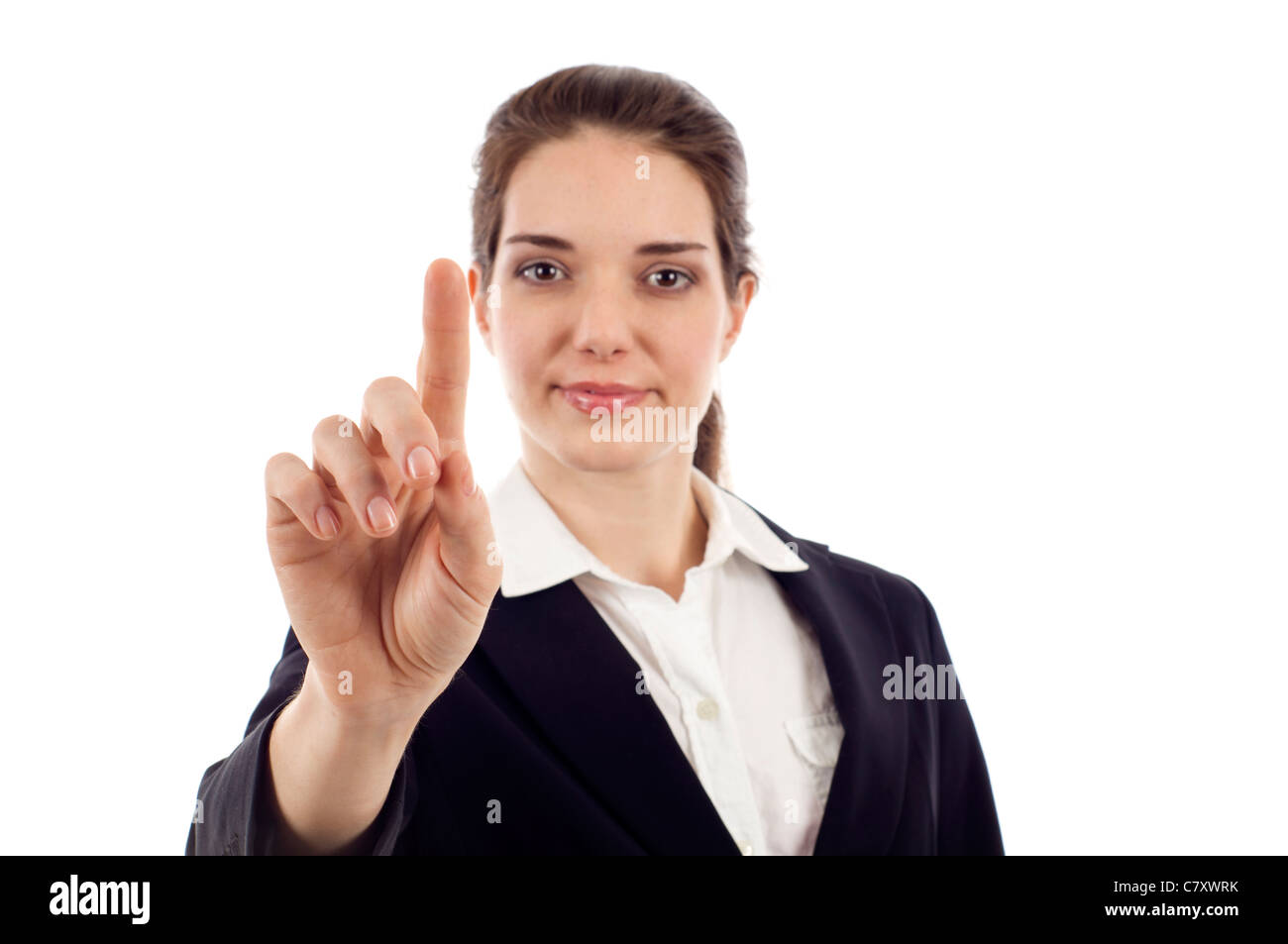 Business woman pushing or pointing a screen isolated over white ...