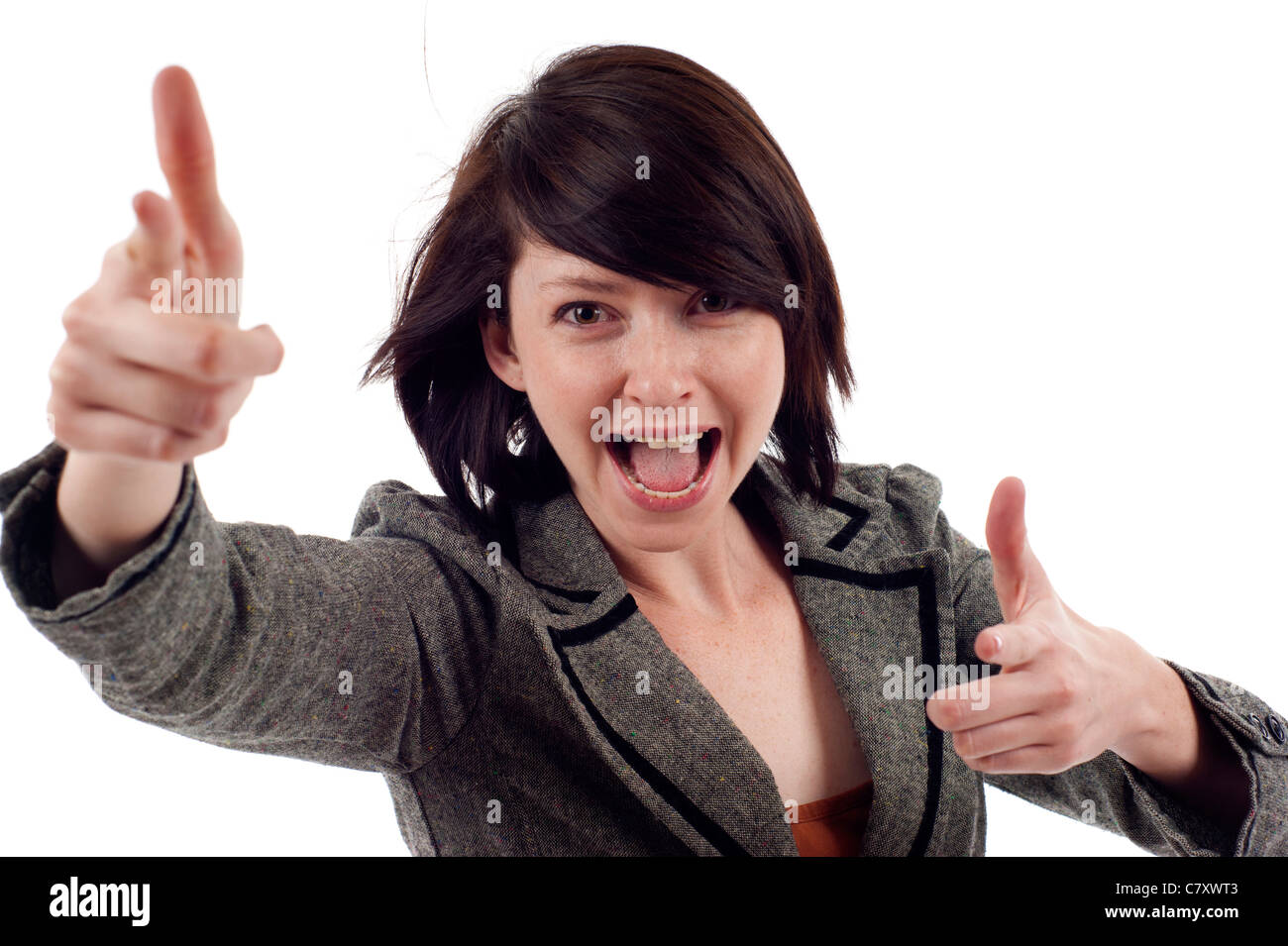 Young confident attractive woman pointing at you isolated over white ...