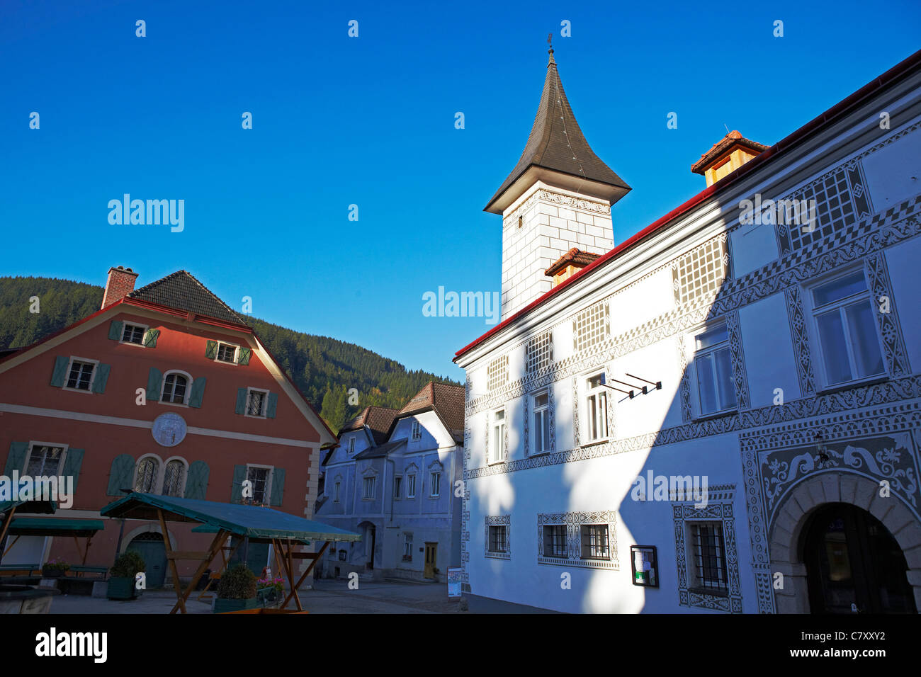 White church building town center eisenerz hi-res stock photography and ...