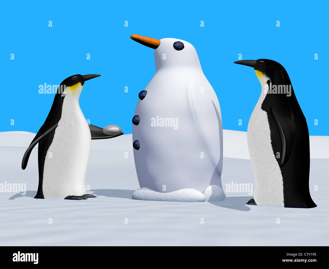 Illustration of two penguins making a snow penguin Stock Photo - Alamy