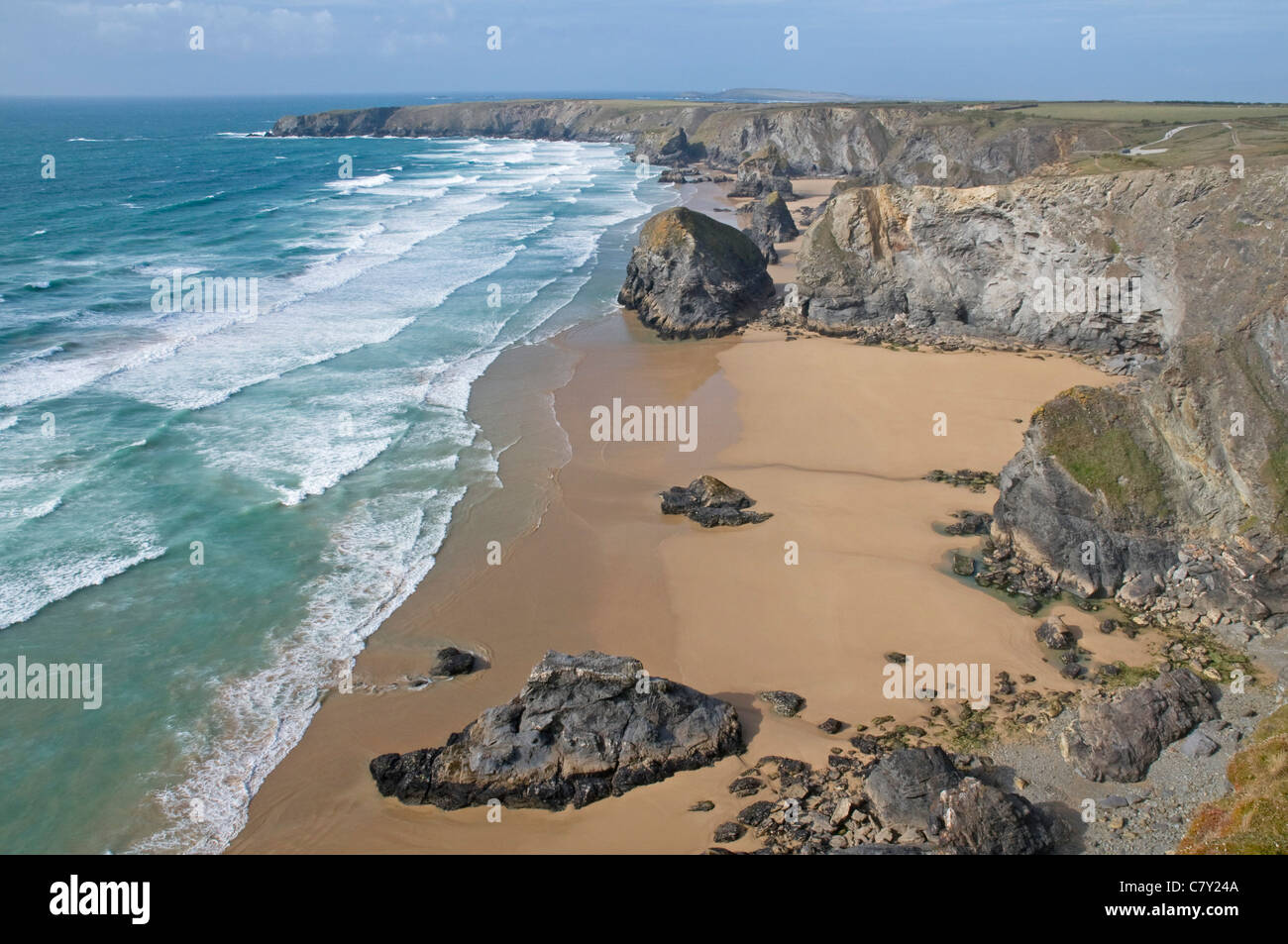 The impressive and ever popular stretch of sandy beach at Bedruthan ...