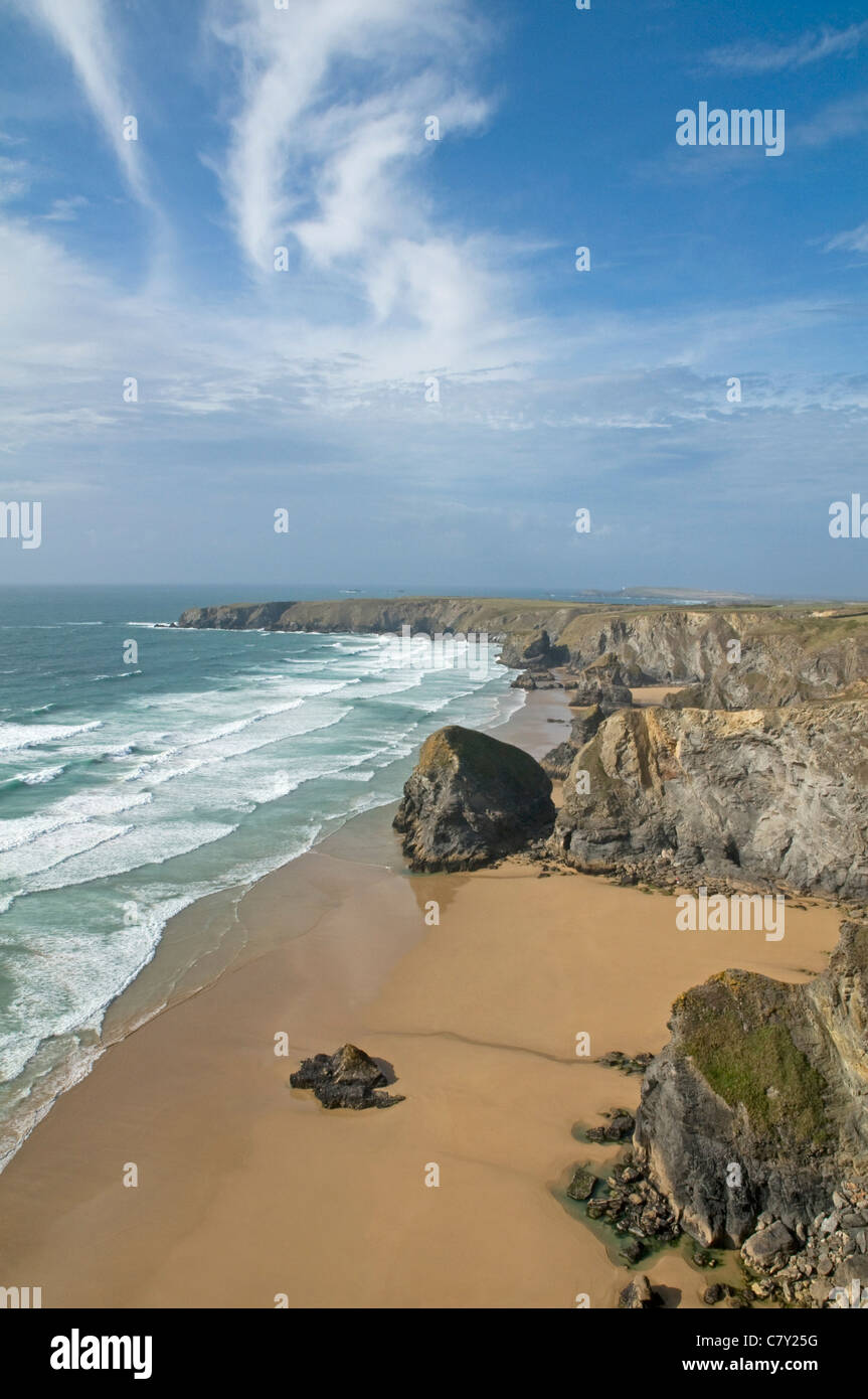 The impressive and ever popular stretch of sandy beach at Bedruthan ...