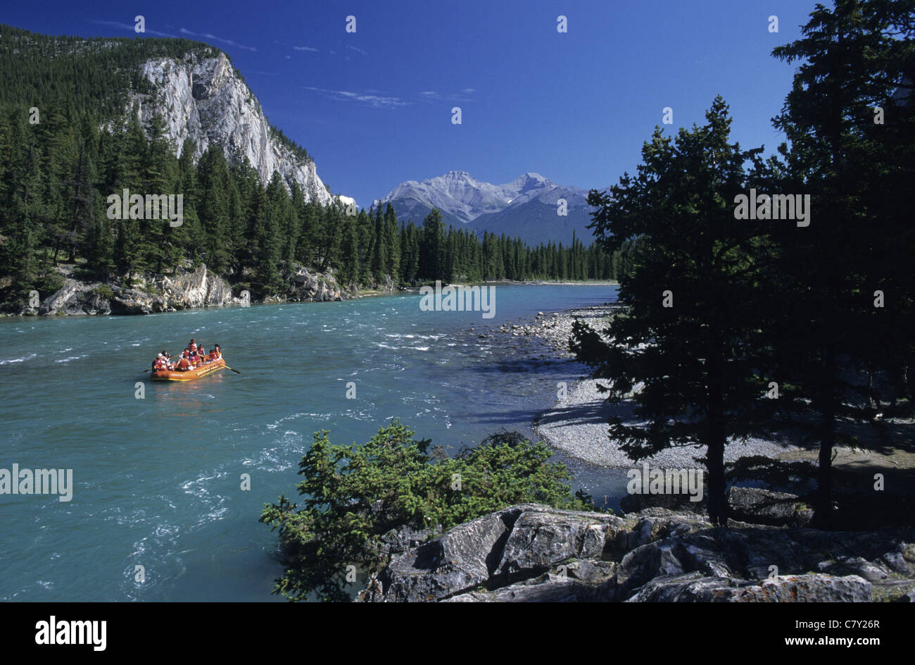Rafting on Bow River, Alberta, Rocky Mountains, Banff National Park ...