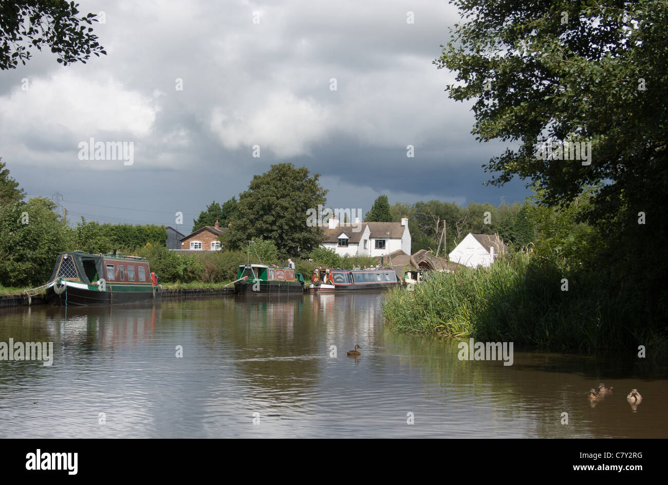 English country canal scene with narrow boats and ducks Stock Photo - Alamy