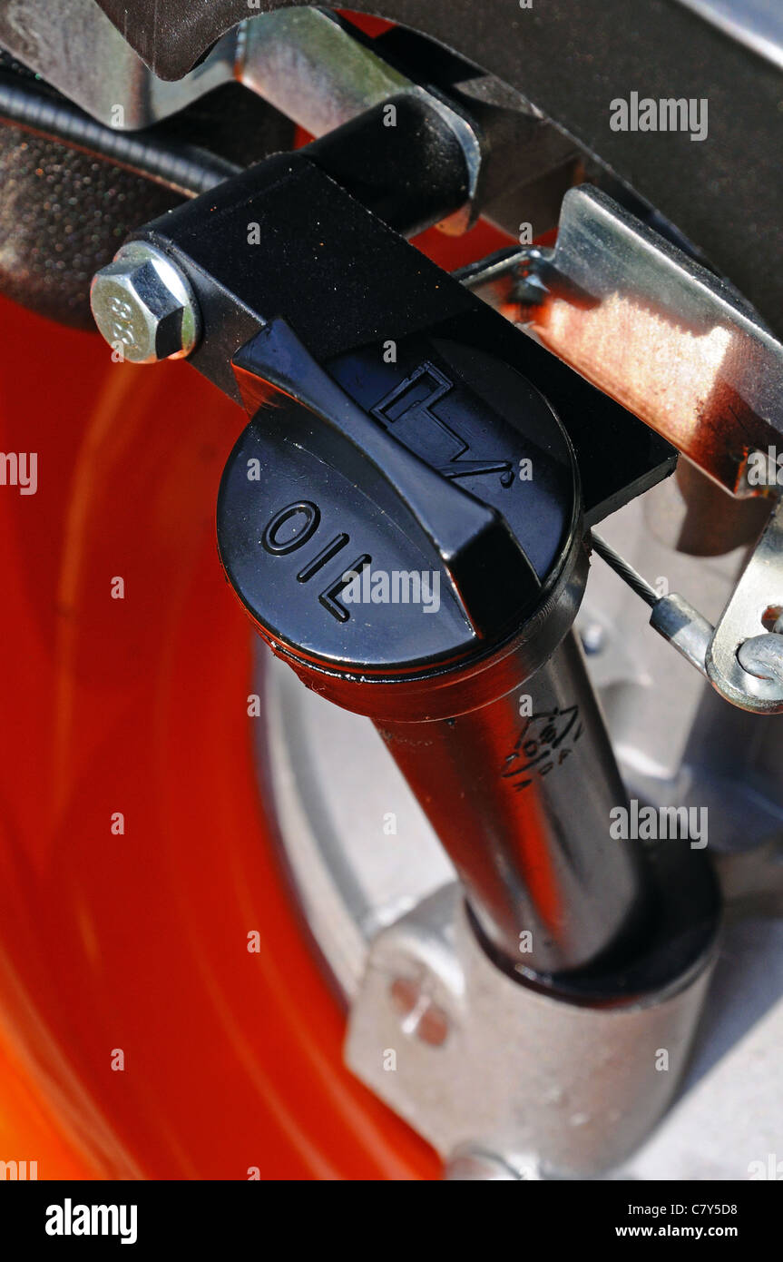 Oil filler cap on a petrol driven lawnmower, Calahonda, Mijas Costa ...