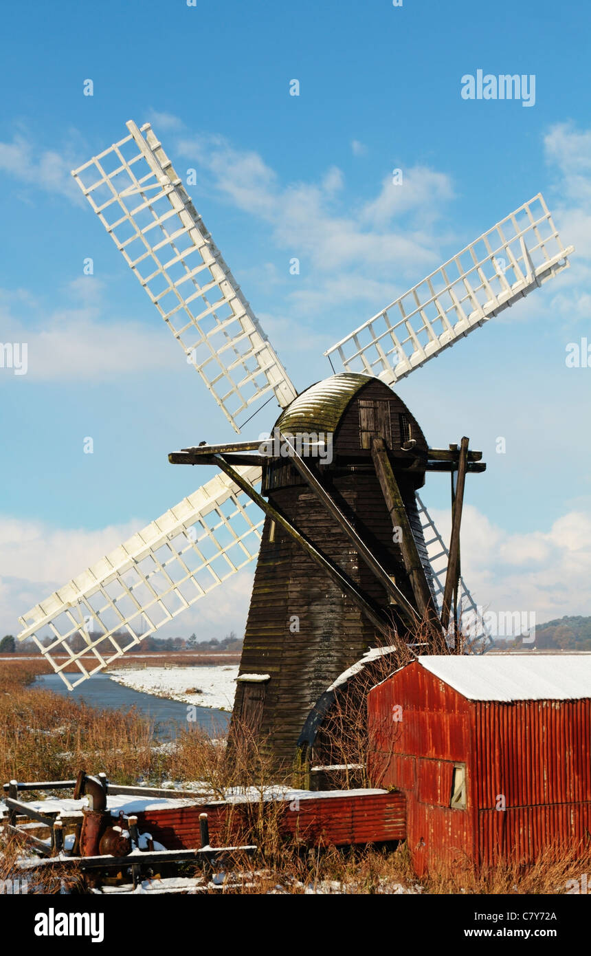 Winter scene of Herringfleet Smock Mill (Windpump), The Norfolk and ...