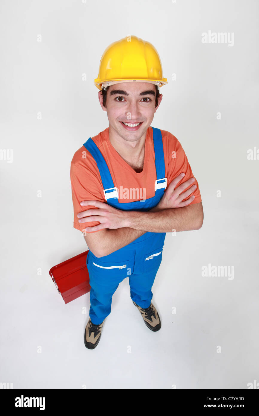 Happy laborer isolated on white background Stock Photo - Alamy