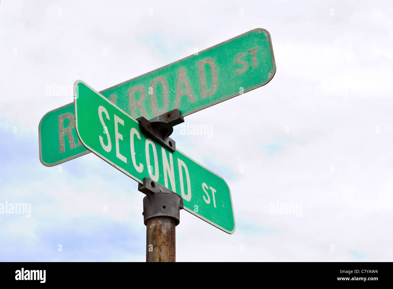 Intersection street sign on the corner of railroad and second street ...