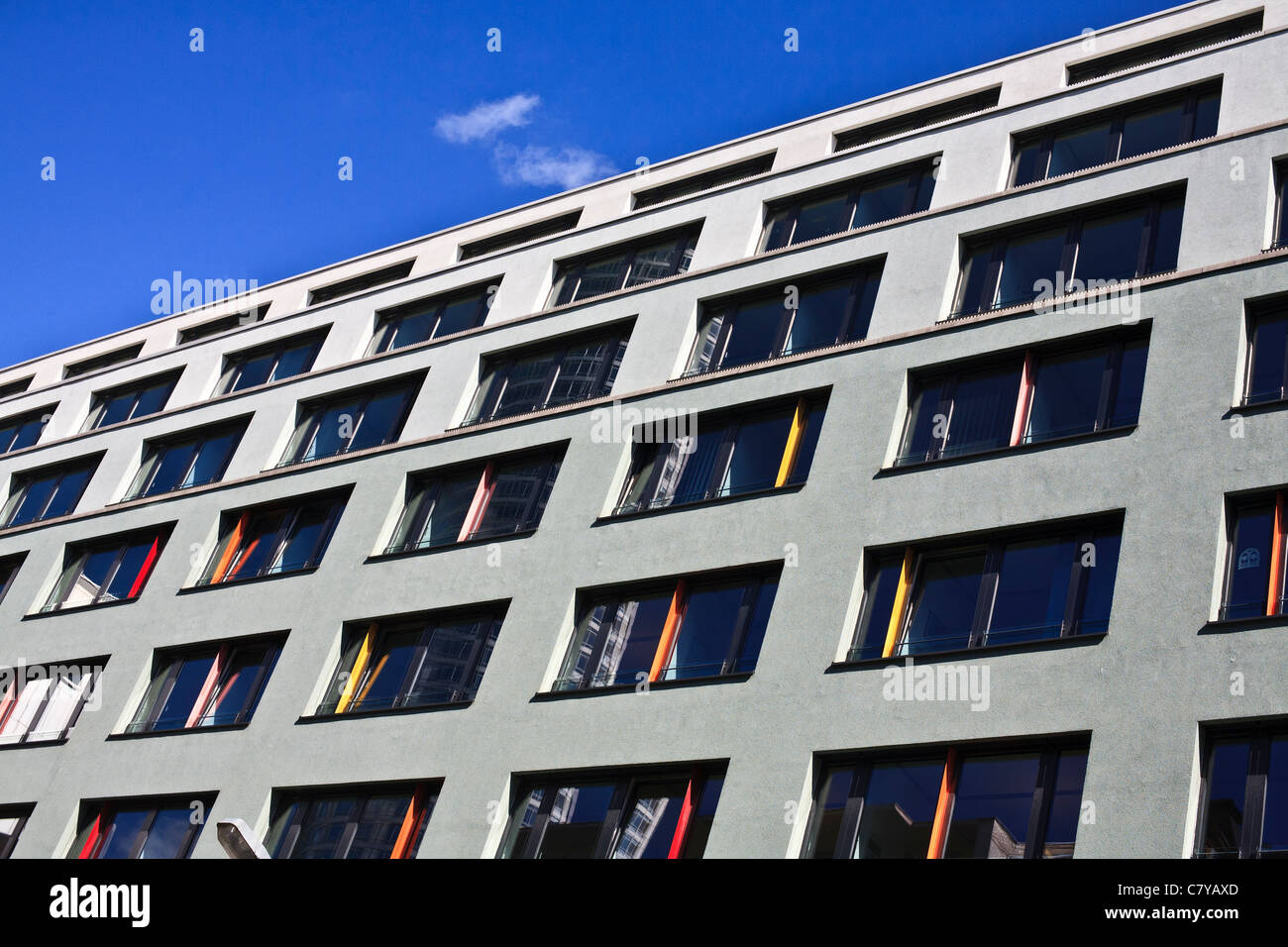 Colourful windowed modern building near the main station in Frankfurt ...