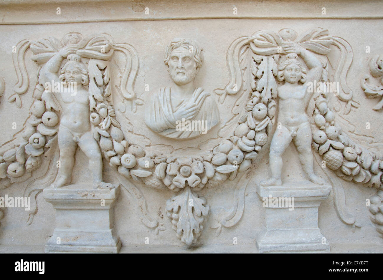 Turkey, Ephesus. Ephesus Museum. Detail of marble crypt from Ephesus ...