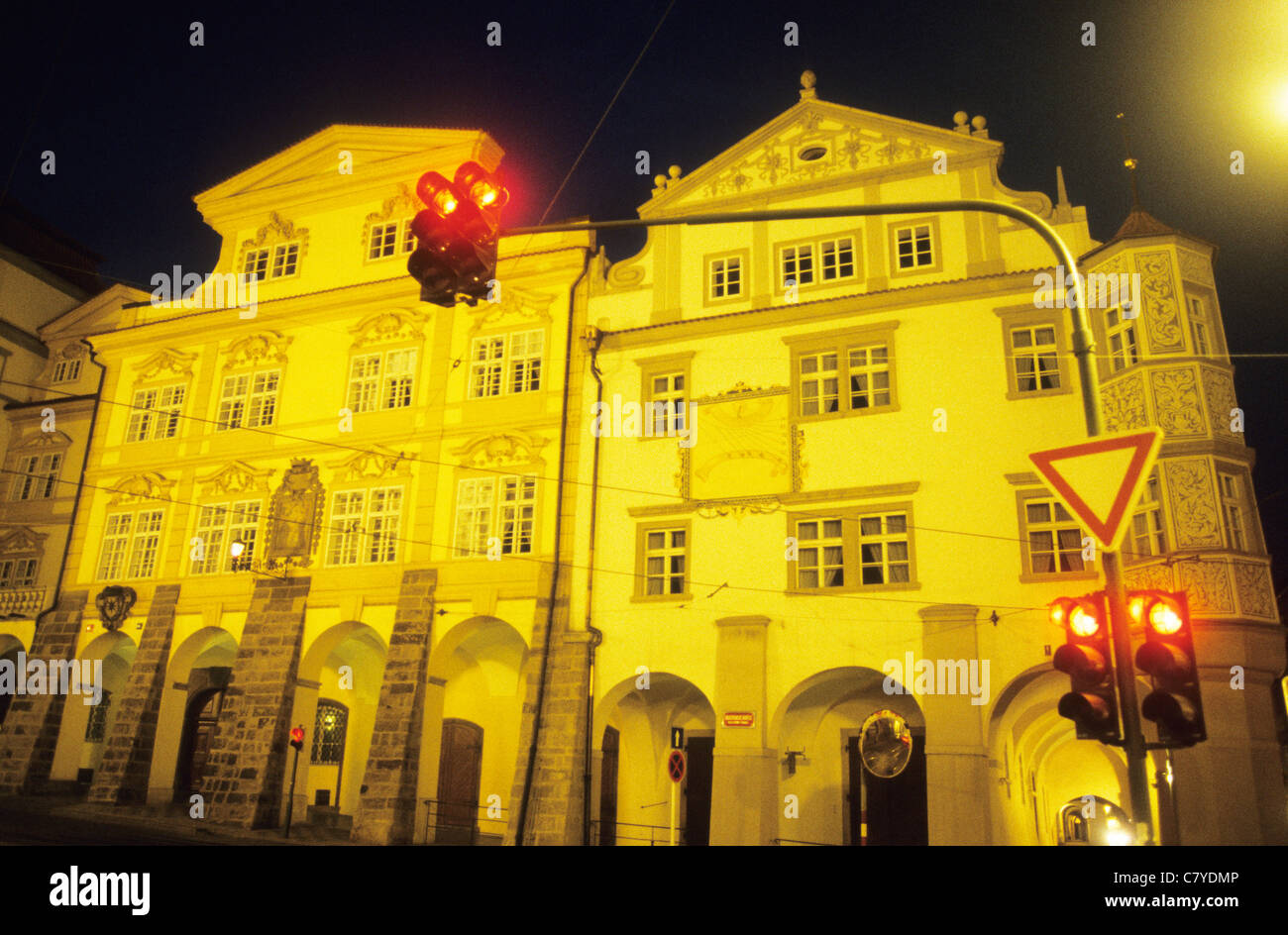 Czech republic at night with lit street lamp and buildings hi-res stock ...