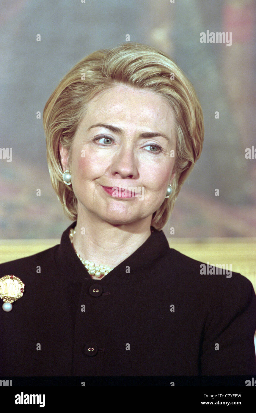 First lady Hillary Clinton smiles during an event in the East Room of ...