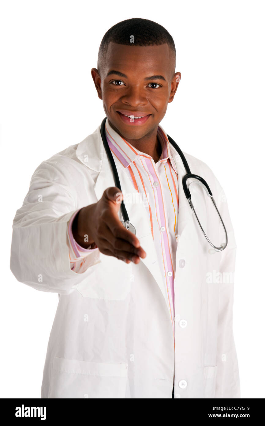 Handsome friendly male physician doctor nurse reaching out handshake ...