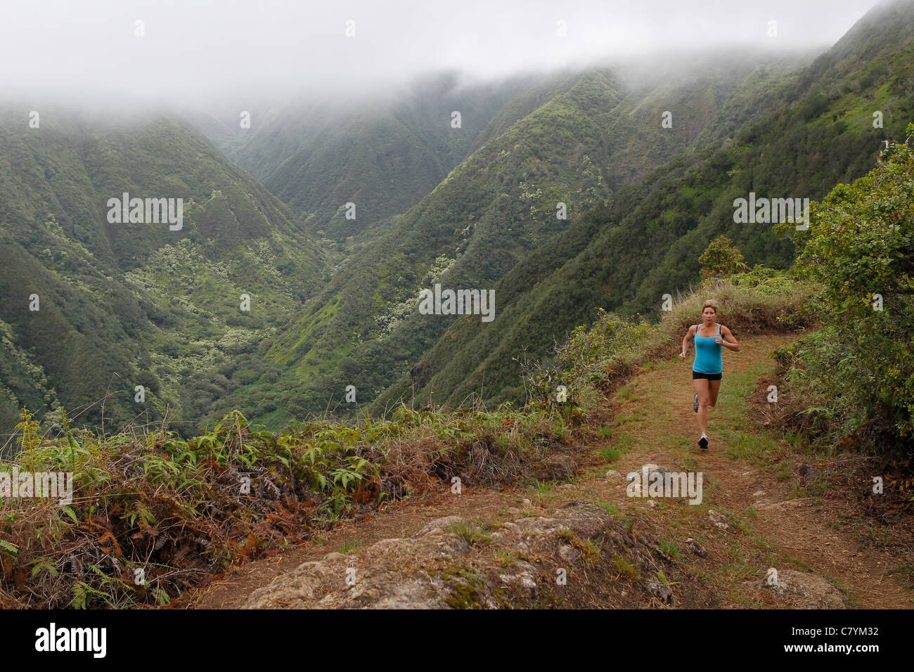 A woman running on the Waihee Ridge Trail on Maui Stock Photo - Alamy