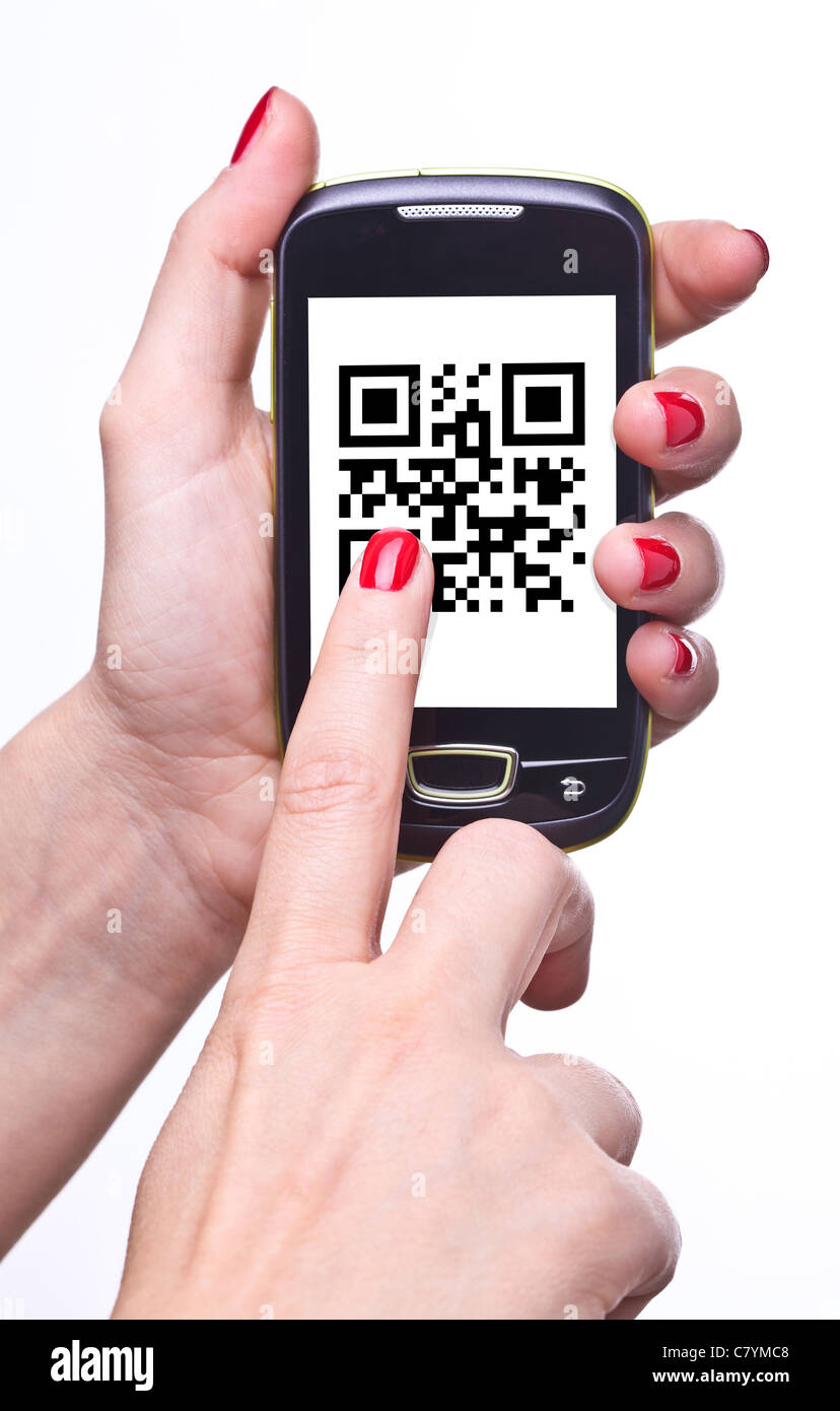 hand holding smartphone with qr code Stock Photo - Alamy