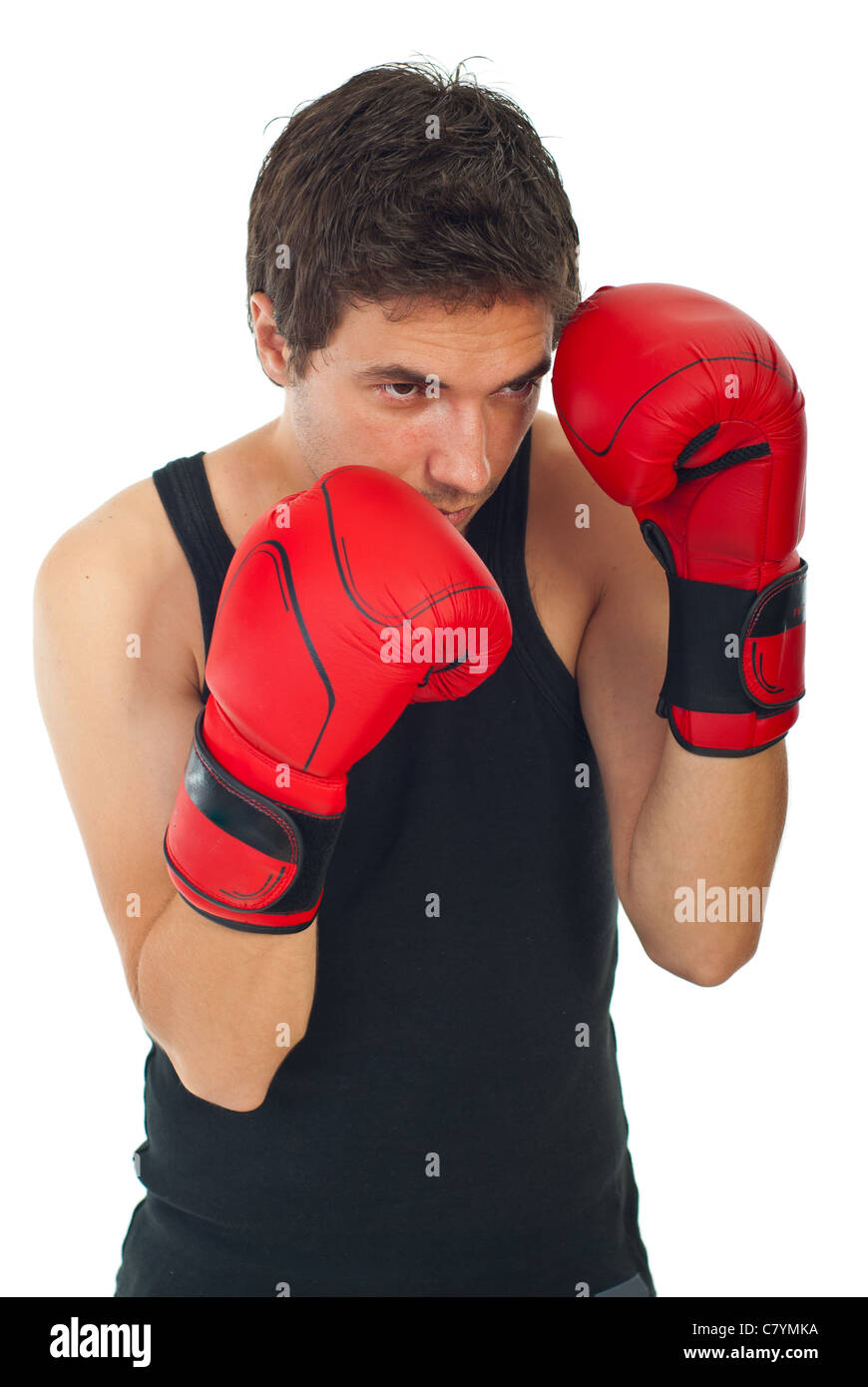 Young boxer man defending isolated on white background Stock Photo - Alamy