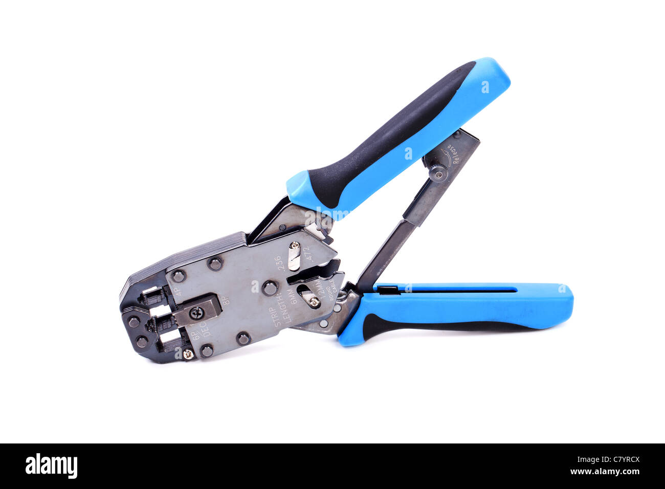 Blue network crimp tool isolated on white background Stock Photo - Alamy